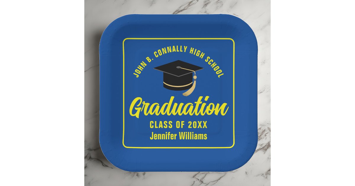 Custom Blue Yellow Graduation Party Square Paper Plates | Zazzle