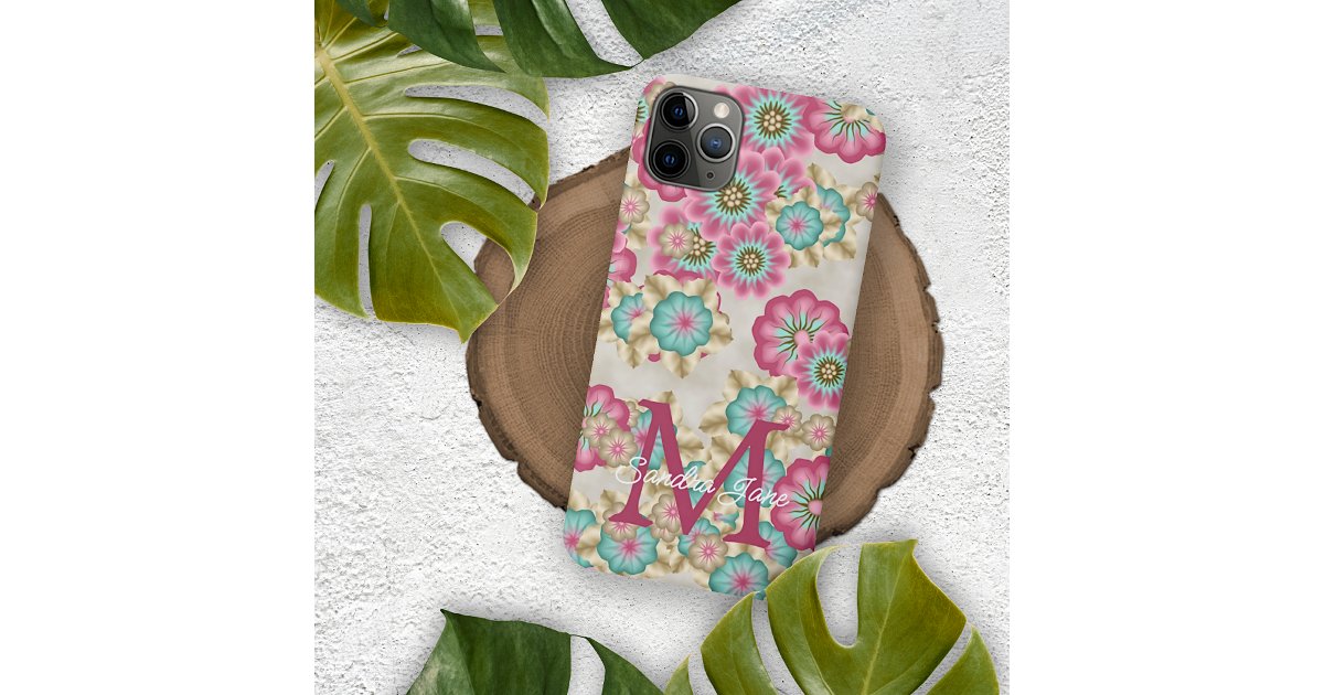 Custom Blush Pink Teal Aqua Blue Flowers Pattern iPhone Case | Zazzle