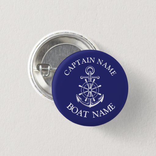 Custom boat captain name navy nautical sailor button | Zazzle