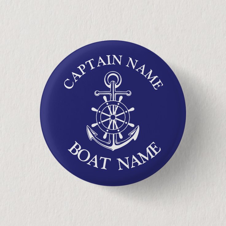 Custom boat captain name navy nautical sailor button | Zazzle