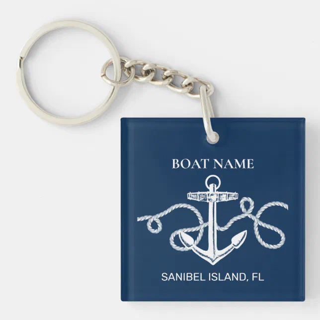 Custom Boat Name Nautical Anchor Navy Blue Keychain | Zazzle