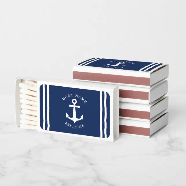 Custom Boat Name Navy Blue White Anchor Nautical Matchboxes | Zazzle