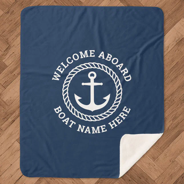Custom boat name welcome aboard anchor and rope sherpa blanket | Zazzle