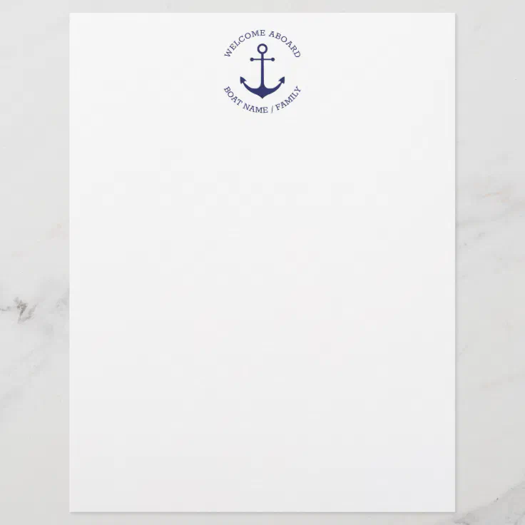 Custom Boat name Welcome Aboard nautical anchor Letterhead | Zazzle