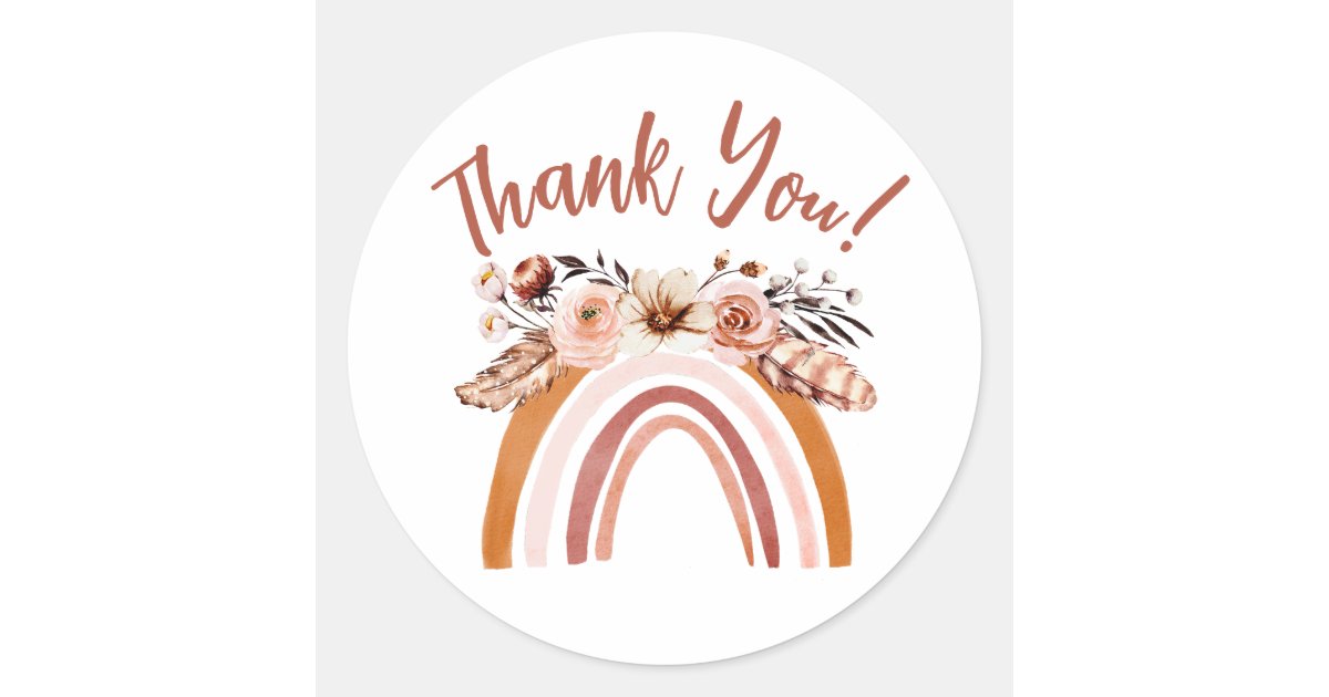 Custom Boho Rainbow Floral Thank You Classic Round Sticker | Zazzle