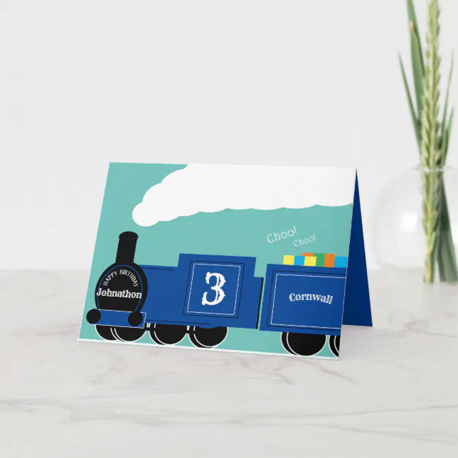 Custom boy 3rd birthday steam train card | Zazzle