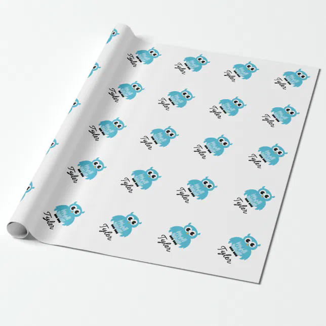 Custom boy baby shower blue owl wrappingpaper | Zazzle
