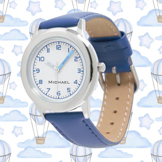 Custom Boy Name Steel Blue Leather Strap Kids Watch | Zazzle