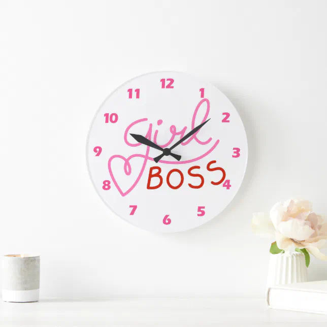 Custom Branded Girl Boss Pink Red Large Clock | Zazzle