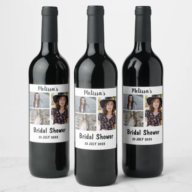 Custom Bridal Shower 3 Photo Collage Wine Label | Zazzle