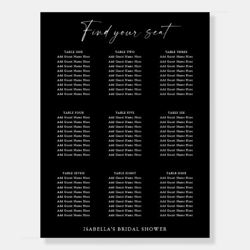 Custom Bridal Shower 9 Table Seating Chart Black Foam Board | Zazzle