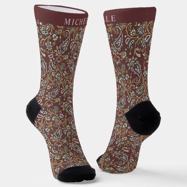 Custom Brown Grey White Paisley Pattern Socks | Zazzle