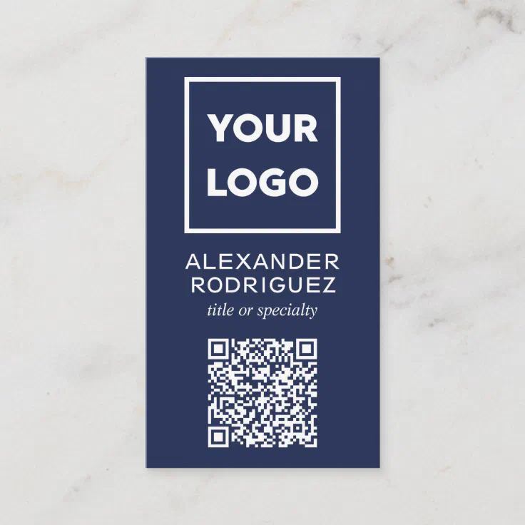 Custom Business Logo and QR Code Modern Navy Business Card | Zazzle