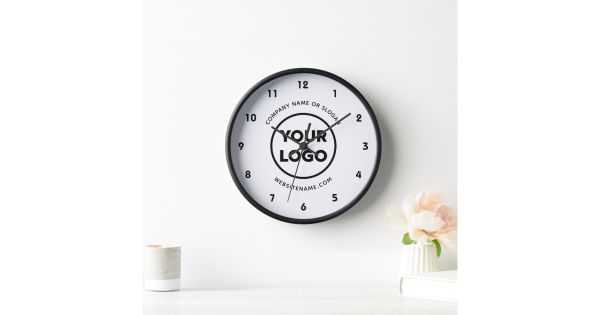 Custom Business Logo and Text White with Black Rim Clock | Zazzle