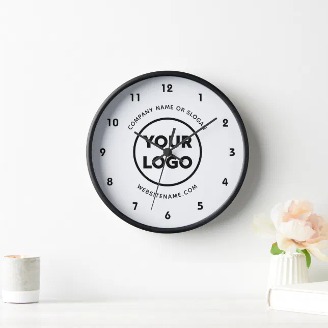 Custom Business Logo and Text White with Black Rim Clock | Zazzle