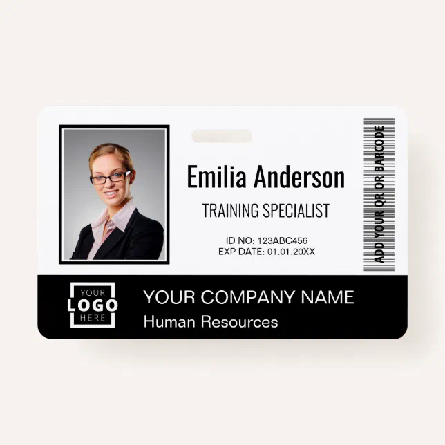 Custom Business Logo Bar Code Employee Photo Black Badge | Zazzle