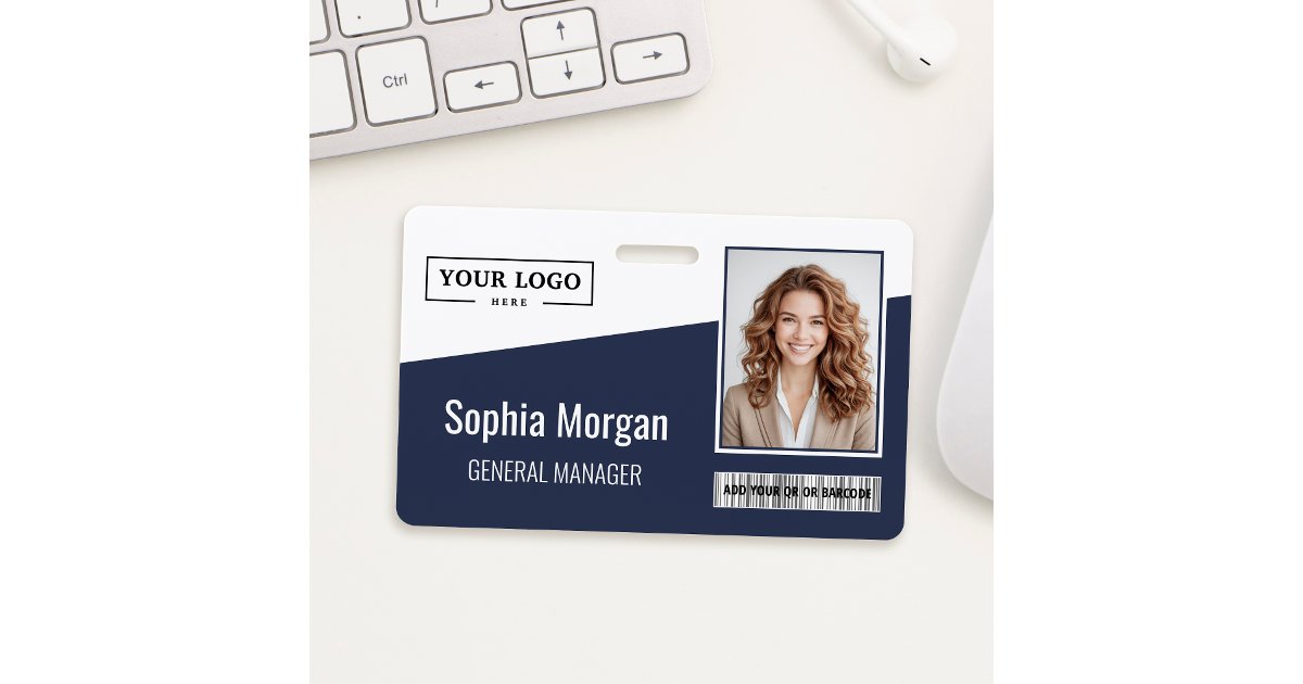 Custom Business Logo Barcode Photo Employee Blue Badge | Zazzle