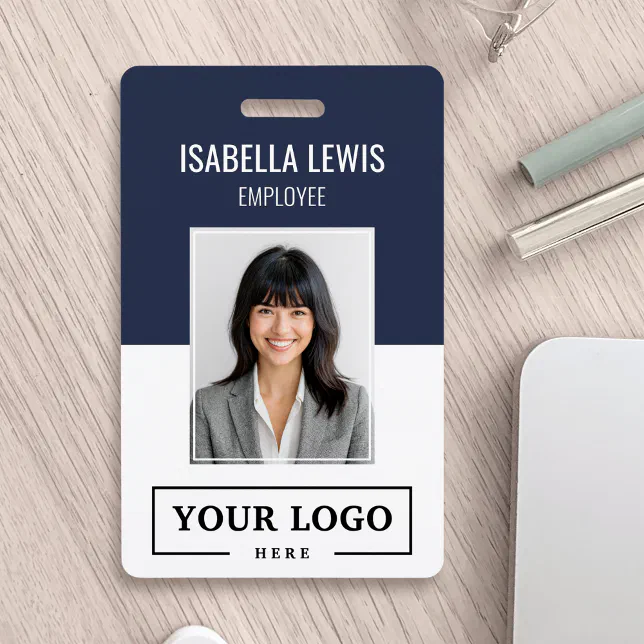 Custom Business Logo Basic Employee Photo Blue Badge | Zazzle