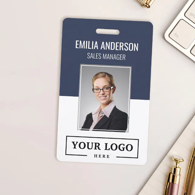 Custom Business Logo Basic Employee Photo Blue Badge | Zazzle