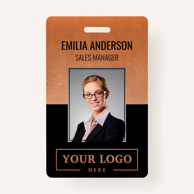 Custom Business Logo Basic Employee Photo Copper Badge | Zazzle
