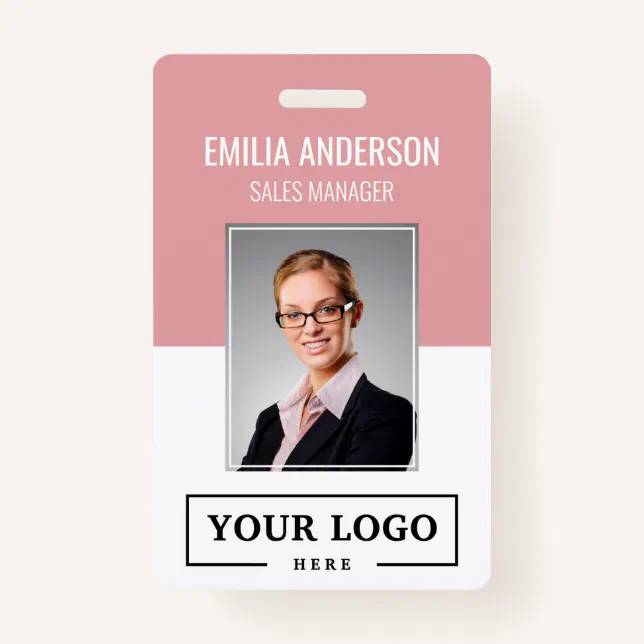 Custom Business Logo Basic Employee Photo Pink Badge | Zazzle