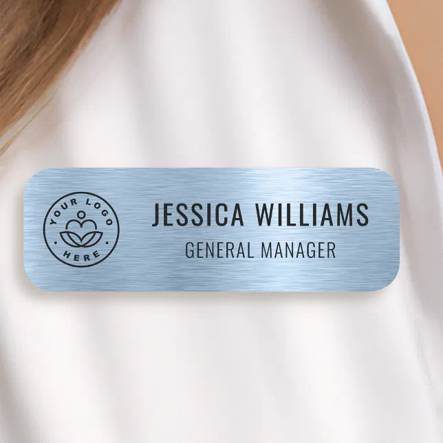 Custom Business Logo Faux Metallic Brushed Blue Name Tag | Zazzle