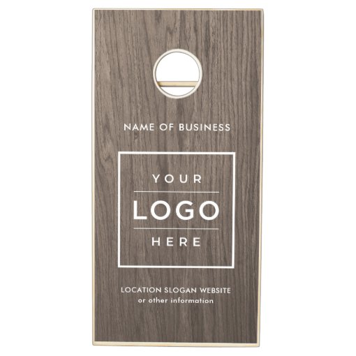 Custom Business Logo Gray Wood Grain Branded Cornhole Set | Zazzle