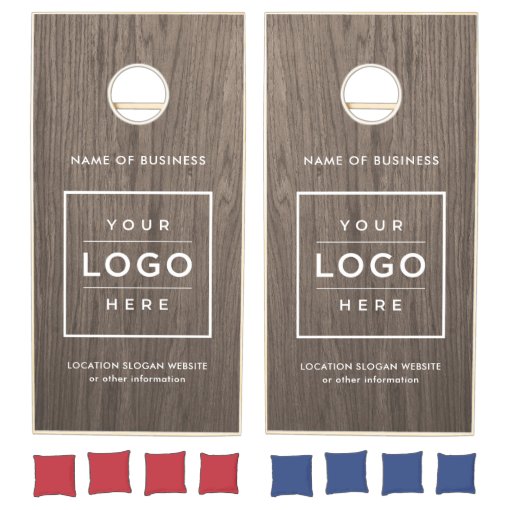 Custom Business Logo Gray Wood Grain Branded Cornhole Set | Zazzle