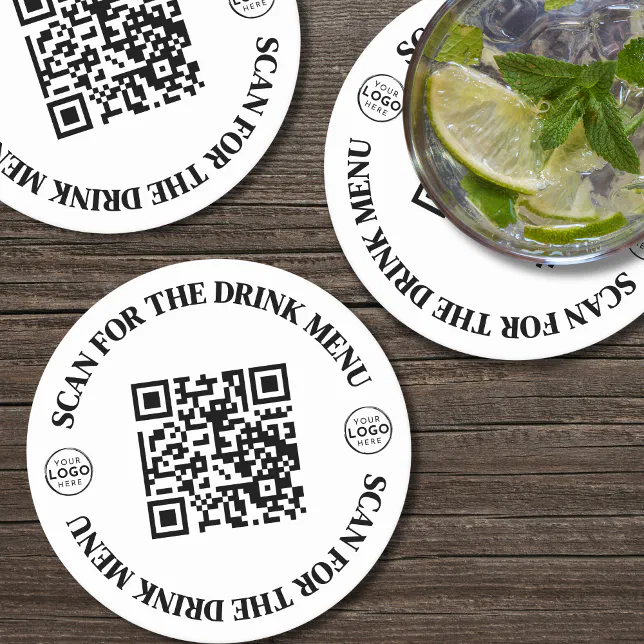 Custom Business Logo Menu QR Code Round Paper Coaster | Zazzle