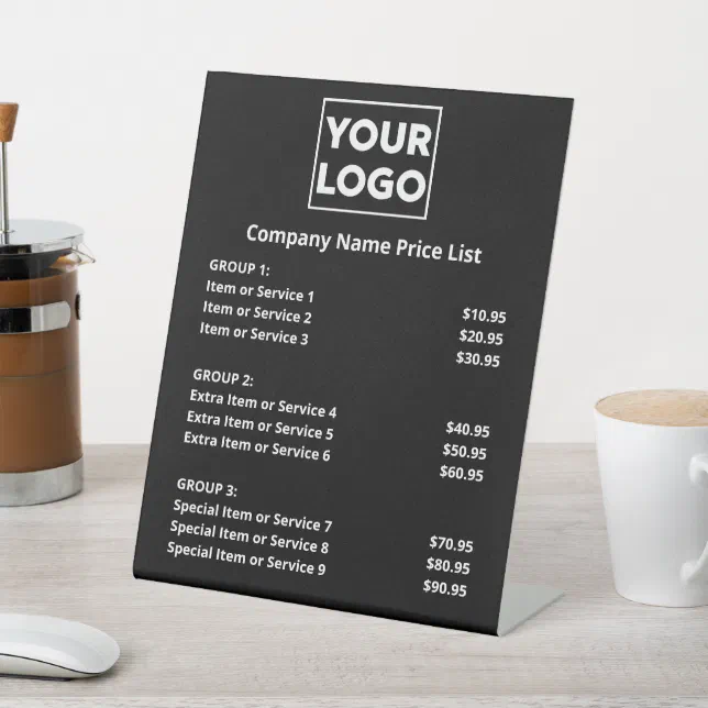 Custom Business Logo Minimal Price List on Black Pedestal Sign | Zazzle
