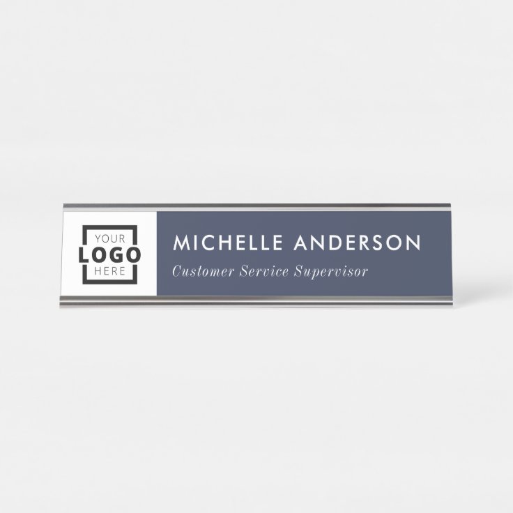 Custom Business Logo Modern Employee Blue Desk Name Plate | Zazzle