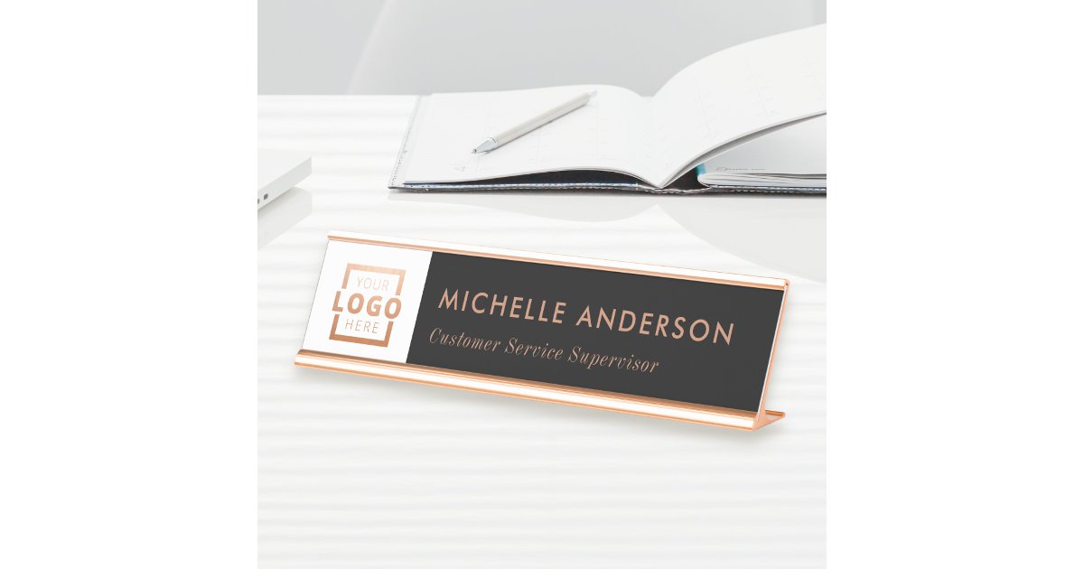 Custom Business Logo Modern Employee Rose Gold Desk Name Plate | Zazzle