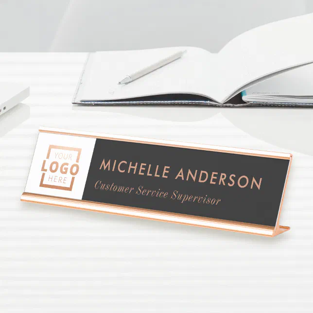 Custom Business Logo Modern Employee Rose Gold Desk Name Plate | Zazzle