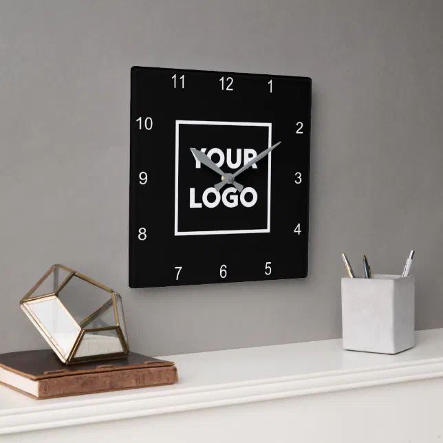 Custom Business Logo on Minimal Black Background Square Wall Clock | Zazzle