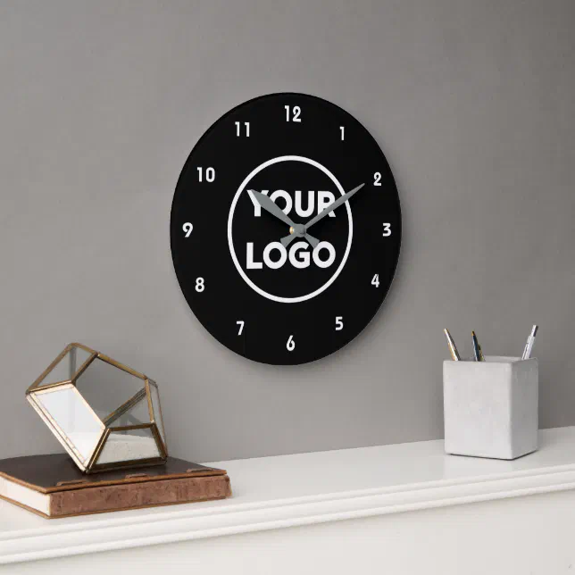 Custom Business Logo on Simple Black Background Large Clock | Zazzle