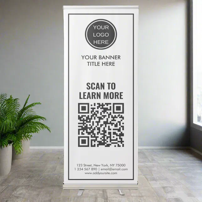 Custom Business Logo QR Code Black & White Retractable Banner | Zazzle