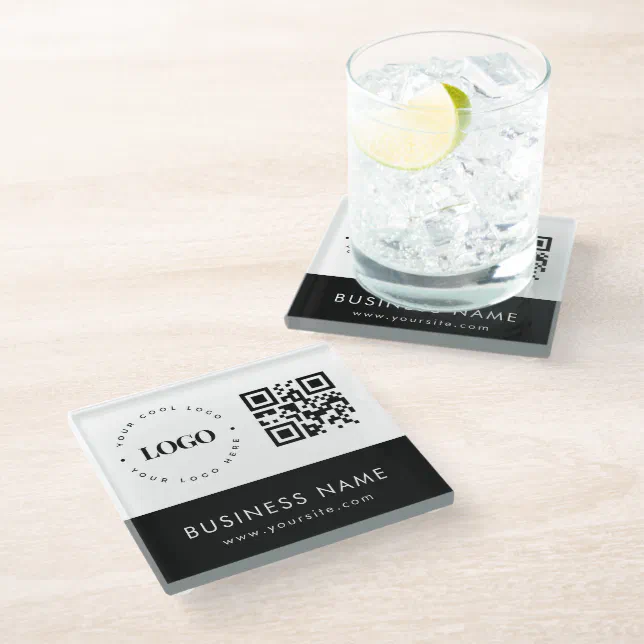Custom Business Logo QR Code & Text Professional Glass Coaster | Zazzle