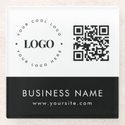 Custom Business Logo QR Code & Text Professional Glass Coaster | Zazzle