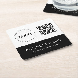 Custom Business Logo QR Code & Text Professional Square Paper Coaster | Zazzle