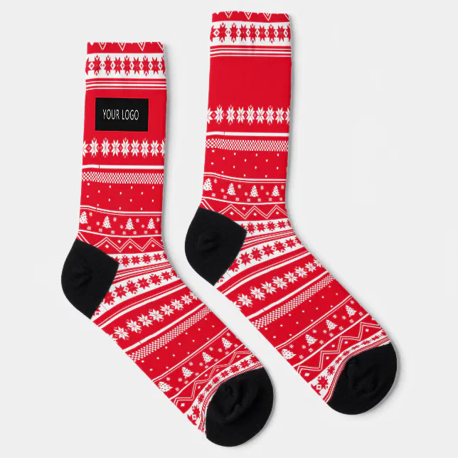 Custom Business Logo Red Nordic Christmas Pattern Socks | Zazzle