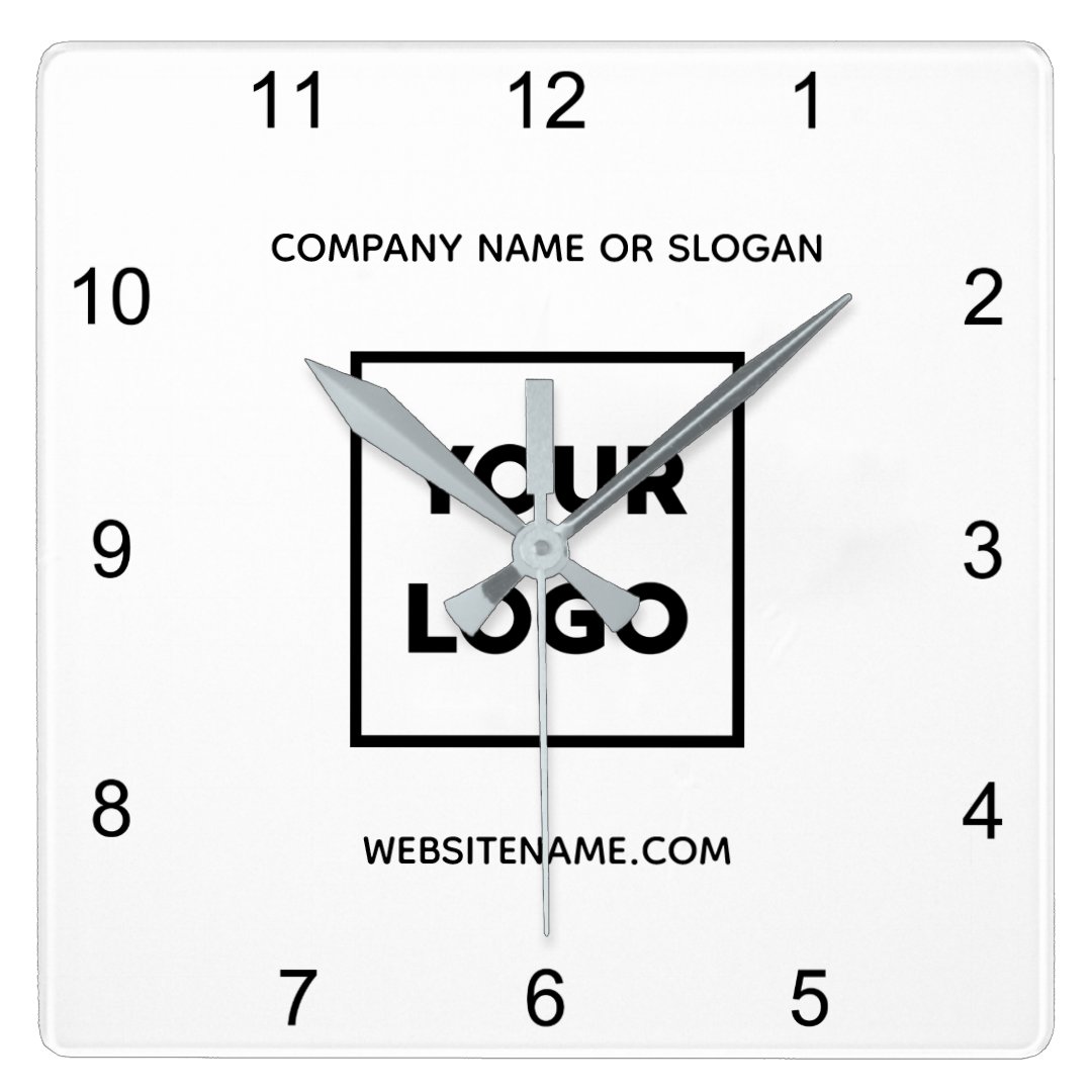 Custom Business Logo Text Minimal White Square Wall Clock | Zazzle