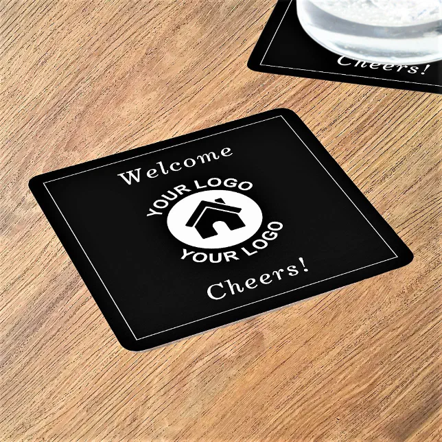 Custom Business Logo Text Promotional Black Square Paper Coaster | Zazzle