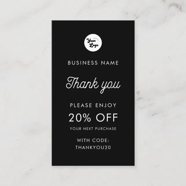 Custom Business Logo Thank You Minimalist Black Discount Card | Zazzle