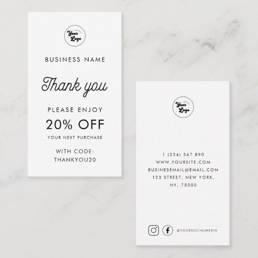 Custom Business Logo Thank You Minimalist White Discount Card | Zazzle