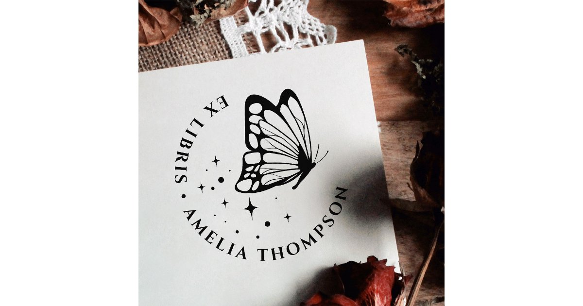 Custom Butterfly & Stars Round Ex Libris Bookplate Rubber Stamp | Zazzle