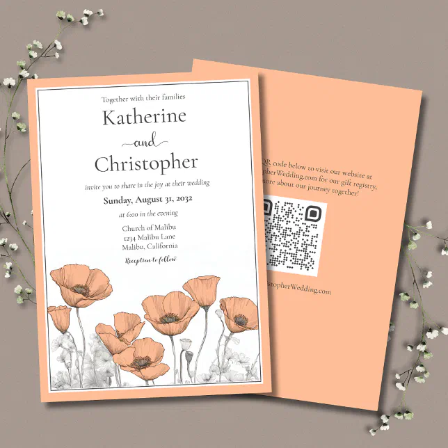 Custom California Poppy Peach Floral Wedding Invitation | Zazzle