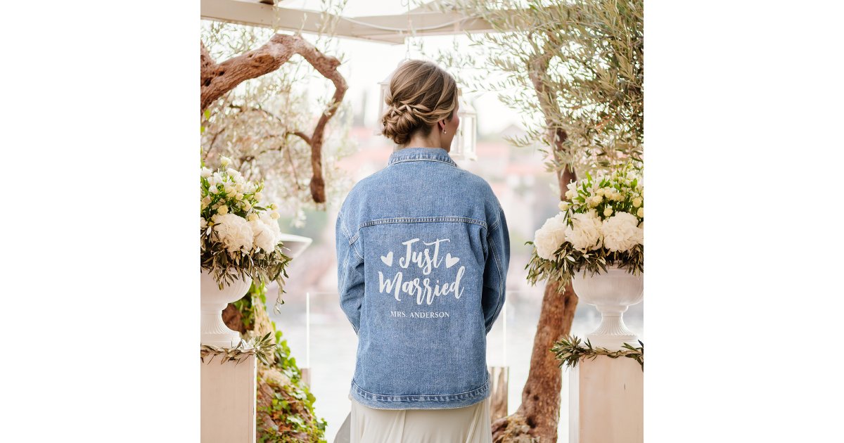 Custom Calligraphy Heart Just Married Name Wedding Denim Jacket | Zazzle