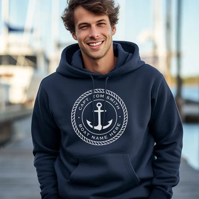 Custom captain and boat name anchor rope border hoodie | Zazzle