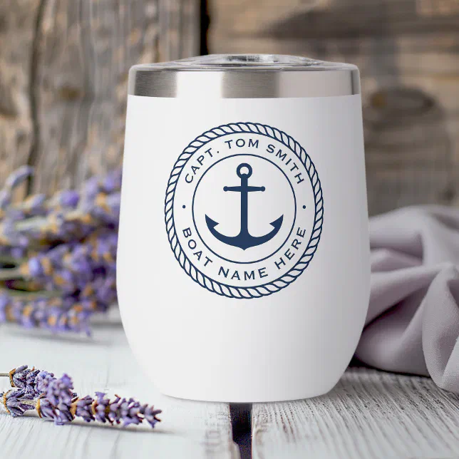 Custom captain and boat name anchor rope border thermal wine tumbler ...