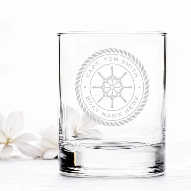Custom captain boat name nautical ship's wheel rocks glass | Zazzle